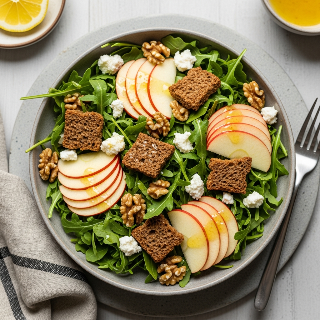 Swede Dish Arugula–Apple Salad with Lemon–Honey Dressing & Rye Croutons ...